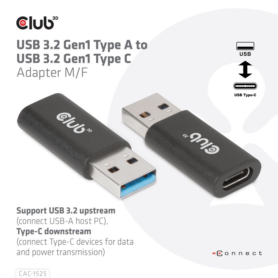 Club 3D | USB 3.2 Gen1 Typ-A auf USB 3.2 Gen1 Typ-C Adapter St./B. Club 3D | USB 3.2 Gen1 Typ-A auf USB 3.2 Gen1 Typ-C Adapter St./B.